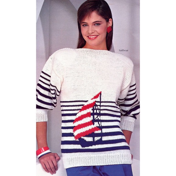 Vintage | Sweaters | Vintage 9s Hand Knit Nautical Boat Neck Striped ...